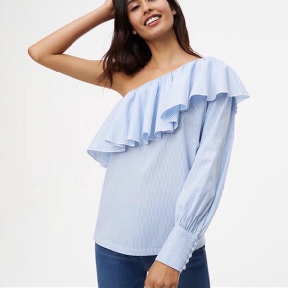 LOFT | Tops | Nwt Loft Blue And White Striped One Shoulder Ruffle Top ...
